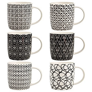 Okllen 6 Pack 11.5 Oz Coffee Mugs Geometric Textured, Ceramic Coffee Mugs Stylish Tea Cup Mugs Set Gift for Latte, Cappuccino, Milk, Water, Cocoa, Cereal, Black and White