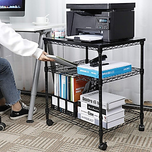HUANUO Printer Stand, 3 Tier Printer Cart for Storage, Printer Table Holds up to 200lbs, Multifunctional Metal Utility Shelves, Workspace Desk Organizer, Rolling Cart for Home & Office Use, HNPS01