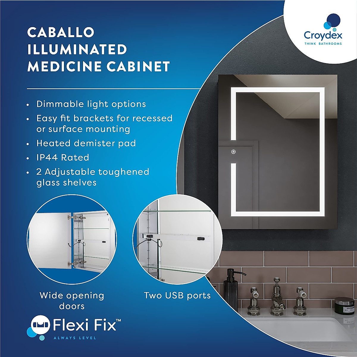 Croydex Caballo LED Aluminum Bathroom Storage Vanity Mirror with Lights Easy to Fit Hang 'N' Lock Bracket Recessed or Surface Mount Medicine Cabinet Organizer, 20W x 26H