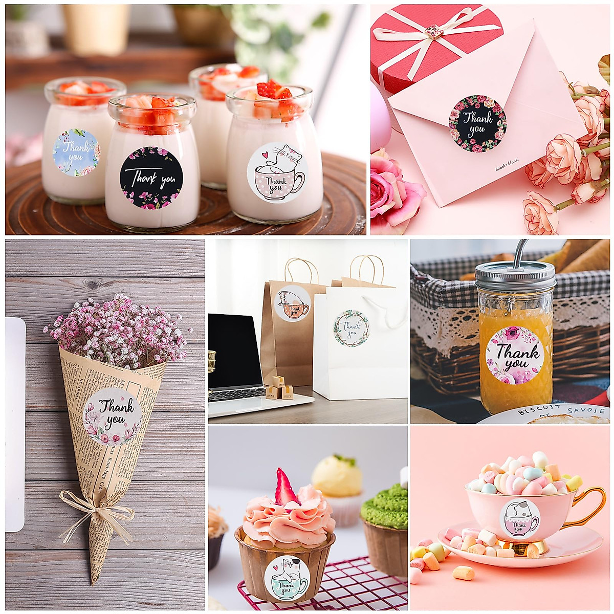 1000 Pieces Thank You Stickers, Round Seal Label Stickers for Greeting Cards Gift Envelopes Boxes Party Decoration Handmade (1'' and 2 Rolls)