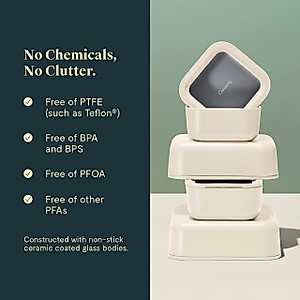 Caraway Glass Food Storage, 10 Cup Glass Container,Ceramic Coated Food Container,Easy to Store, Non Toxic, Non Stick Lunch Box Container with Glass Lids. Dishwasher, Oven,Square Shape,Cream