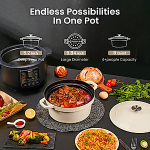 KOOC 10-in-1 Slow Cooker 6 qt White, Electric Dutch Oven, Slow Cook, Braise Pot, Sear/Sauté, Enameled Cast Iron with Self-Basting Lid, 1500W KDO600W