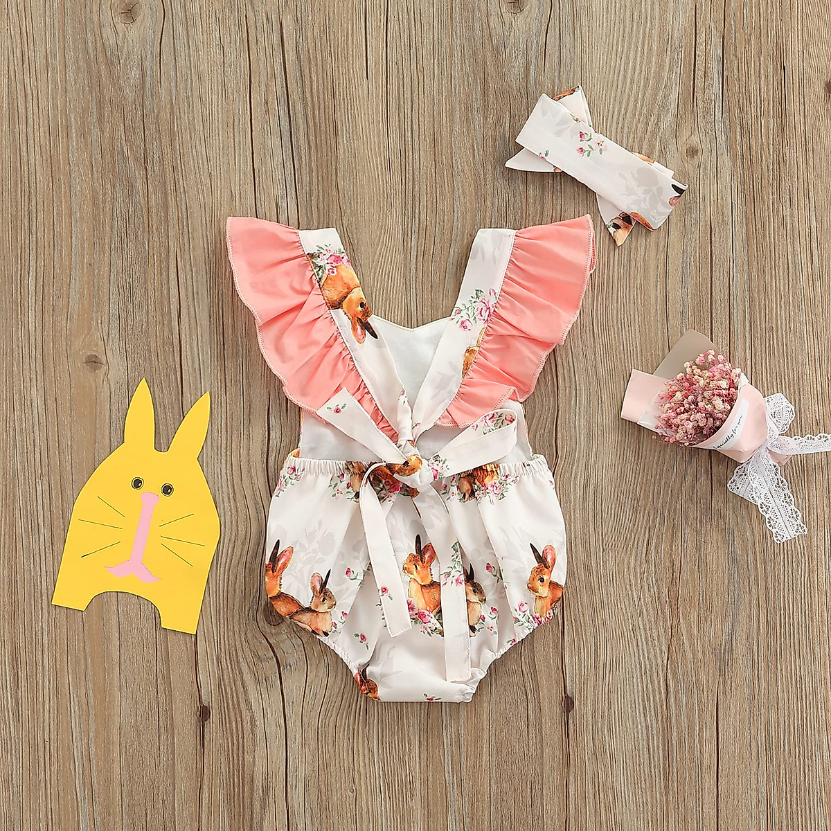 RSRZRCJ Infant Baby Girl Easter Clothes Cute Rabbit Strappy Suspender Overall Ruffle Romper Jumpsuit Bodysuit One Piece (Two Rabbits with Flowers, 0-6 Months)