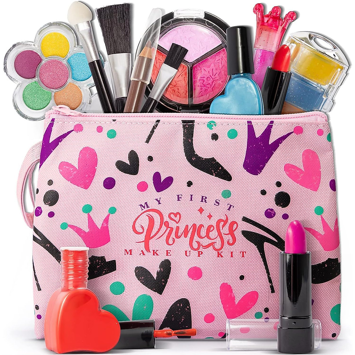 FoxPrint Kids Makeup Kit for Girls, Soft to skin, Easy to wash, 23 Pc Princess Makeup Set Toys Girls & Kids, Carrying Cosmetic Purse for Easy Storage