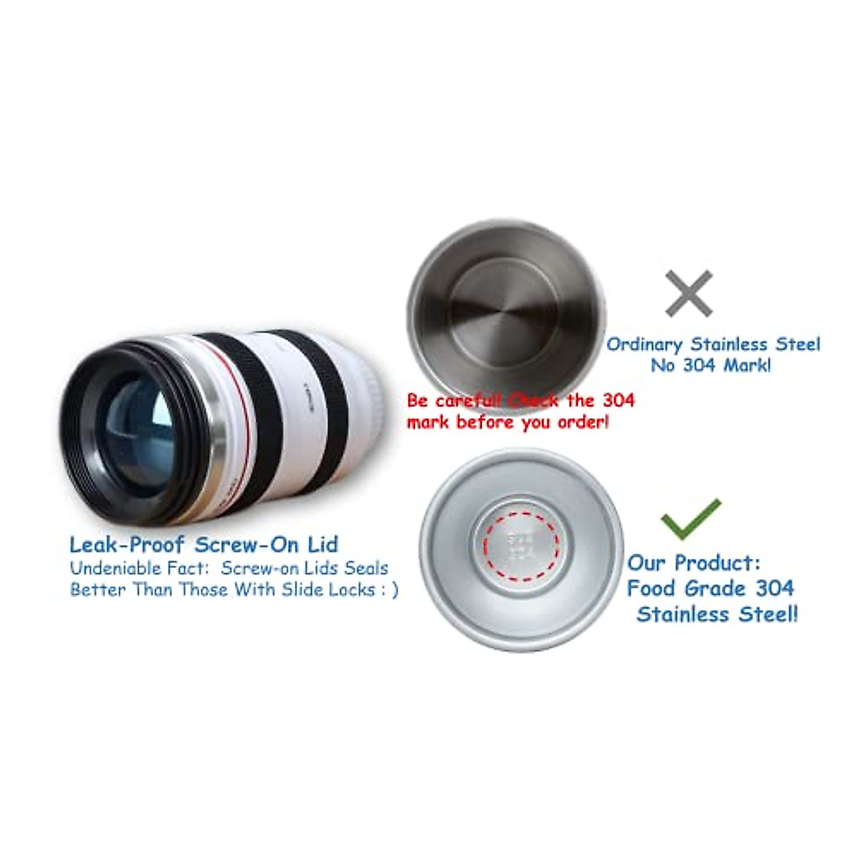 PhantAccy Camera Lens Coffee Mug / Cup Non-BPA Food Grade SUS-304 Stainless Steel Leakproof Travel Mug Tea Water Bottle with Lid and Spoon, 12 Ounce (White)