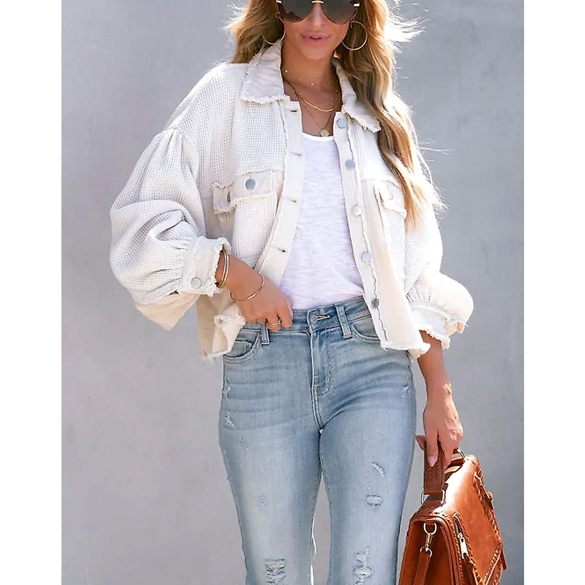 CHARTOU Women's Oversized Waffle Knit Shacket Cropped Color Block Jean Patchwork Blouse Shirt (Large, Cream)