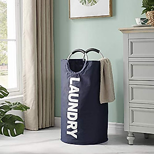 82L Large Thicken Laundry Basket Collapsible Fabric Laundry Hamper Foldable Heavy Duty Clothes Bag Portable Washing Bin Waterproof Cloth Hampers Storage with Durable Aluminum Handles (Dark Blue)