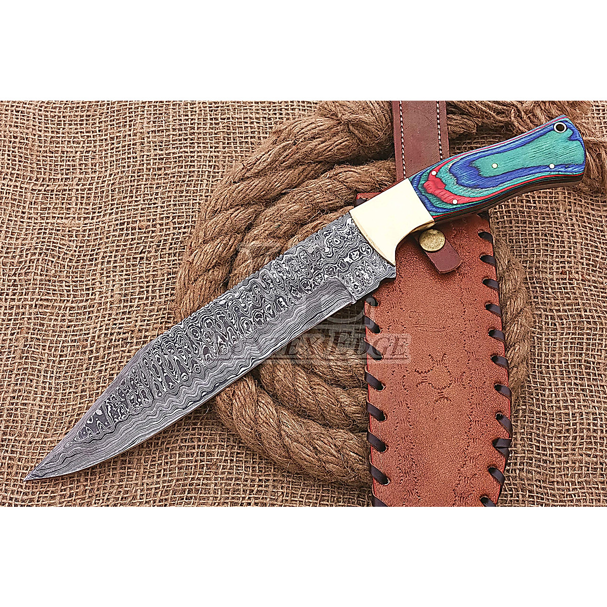 HUNTEX Handmade Hand-Forged Rain Drop Pattern Damascus Steel 14 Inch Long Full Tang Pakka Wood Handle Razor Sharp Hunting Camping Bowie Knife w/Genuine Leather Sheath