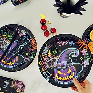 170PC Halloween Party Plates Supplies Kit Glow in The Dark Party Decorations Tableware Set with Disposable Plates,Napkins,Cups,Birthday flag and Touchdown Tablecloth for Holiday Party,Serves 24 Multi