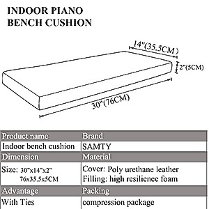 Faux Leather Piano Bench Cushions with Ties for Indoor Shoe Storage, Window Seat, Patio Seating, Dining Room Sette Bench pad 30x14 inch, Black