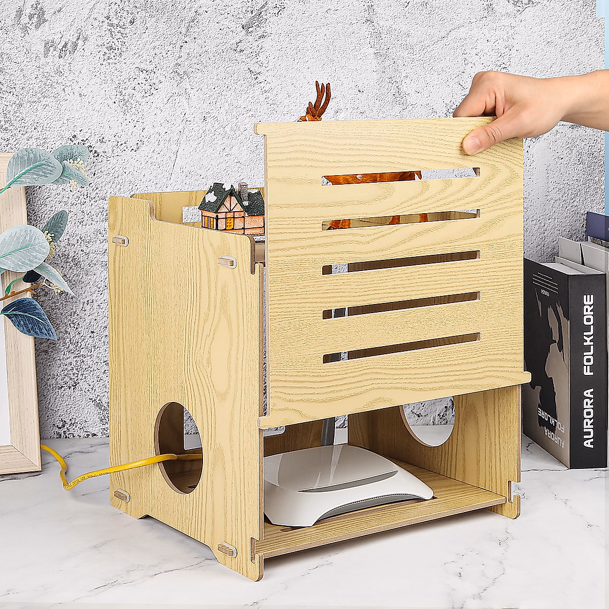 BEARUT Router Shelf WiFi Router Storage Box Modem Cable Router Cover Organized Power Strip Cable Management Hider Rack Need Assembly Made by MDF