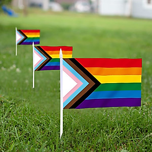 Anley Progress Rainbow Pride Mini Flag 12 Pack - Hand Held Small Miniature Rainbow Transgender Flags on Stick - Fade Resistant & Vivid Colors - 5x8 Inch with Solid Pole & Spear Top