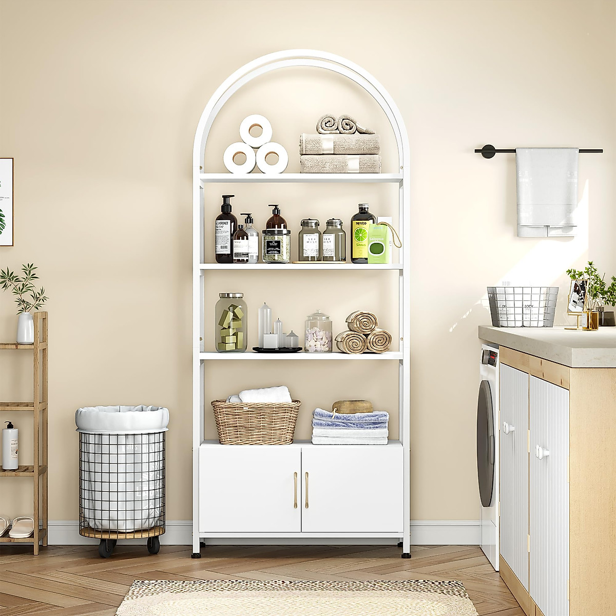 GarveeHome Arched Bookshelf, Modern Bookcase with Doors Storage, 71.5" Tall Freestanding Book Shelf with Studry Metal Frame, 4-Tier Arched Bookcase, Display Rack Shelf for Office,Bedroom, White