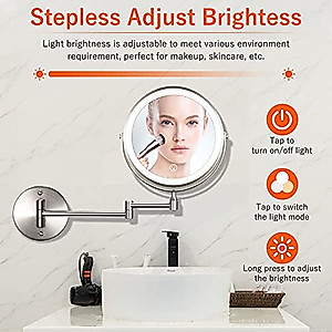 Wall Mounted Lighted Makeup Mirror 8 Inch 1X 10X Magnification with 3 Color LED Lights, Rechargeable Dimmable Magnifying Vanity Mirror, Extendable Arm 360° Swivel Bathroom Mirror, Brushed Nickel