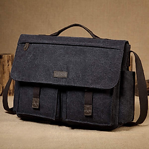 VASCHY 17inch Laptop Messenger Bag, Men's Vintage Water Resistant Canvas Satchel Briefcase Shoulder Bag for Work with Padded Shoulder Strap Gray