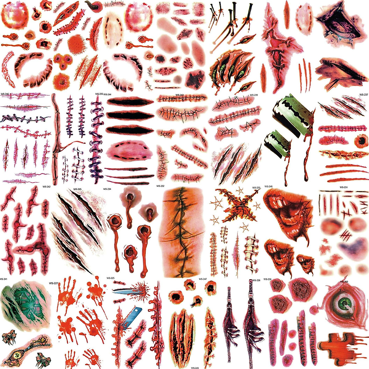 Shegazzi 228+ PCS 28 Sheets 3D Fake Scars Zombie Tattoo Temporary Halloween Makeup Kit For Kids Women Men Adults Fake Wound Cut Stitches Tattoo Chucky Makeup Kit Blood Scratches Scar Tatoos Decals