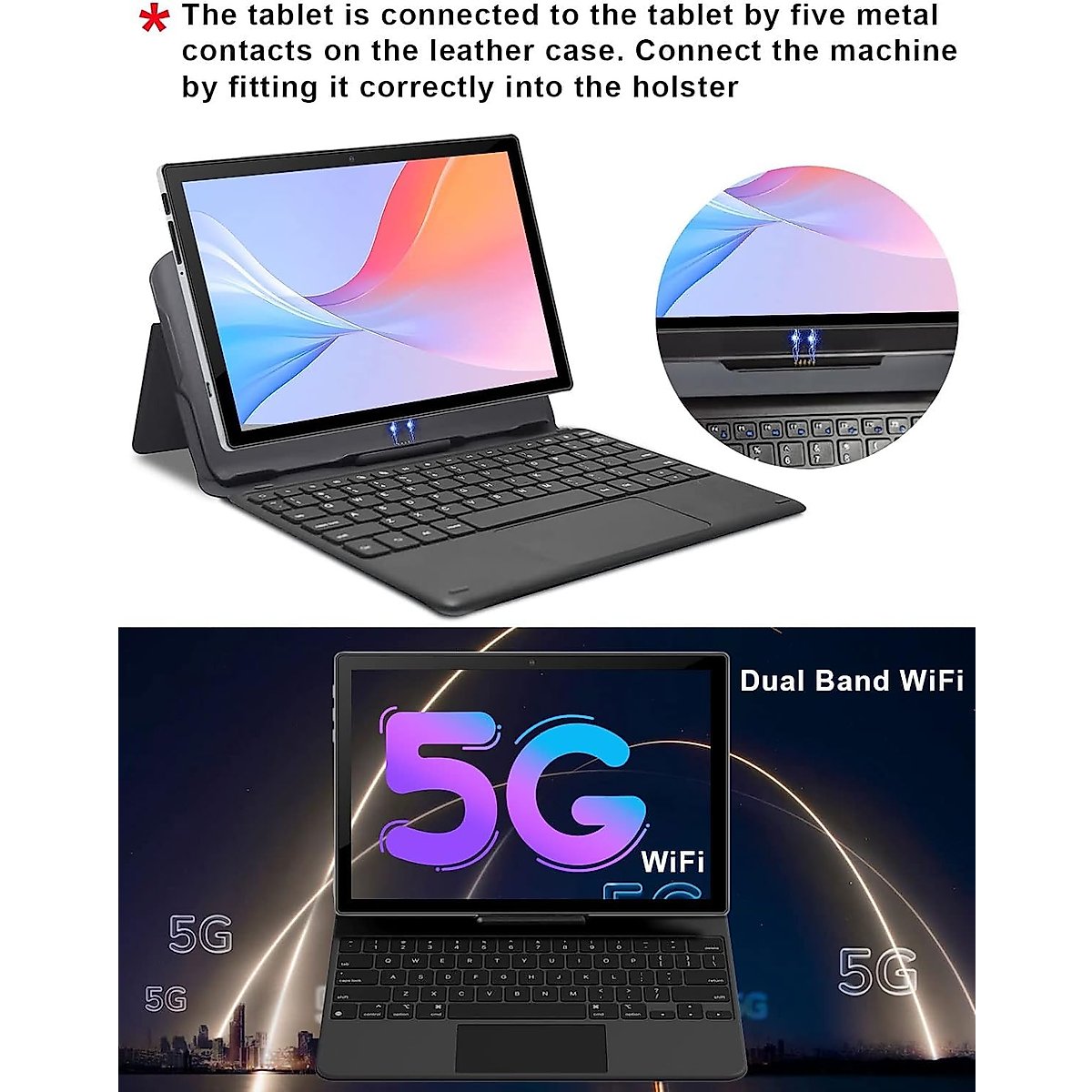 AOYODKG Tablet with Keyboard, 2 in 1 Tablet 10 Inch 10GB RAM + 64GB ROM with 5G WiFi, Android Tablet HD IPS, Octa-Core 2.0Ghz, 5MP + 8MP Camera, Bluetooth, 6000mAh, GPS, 1TB Expand - Silver