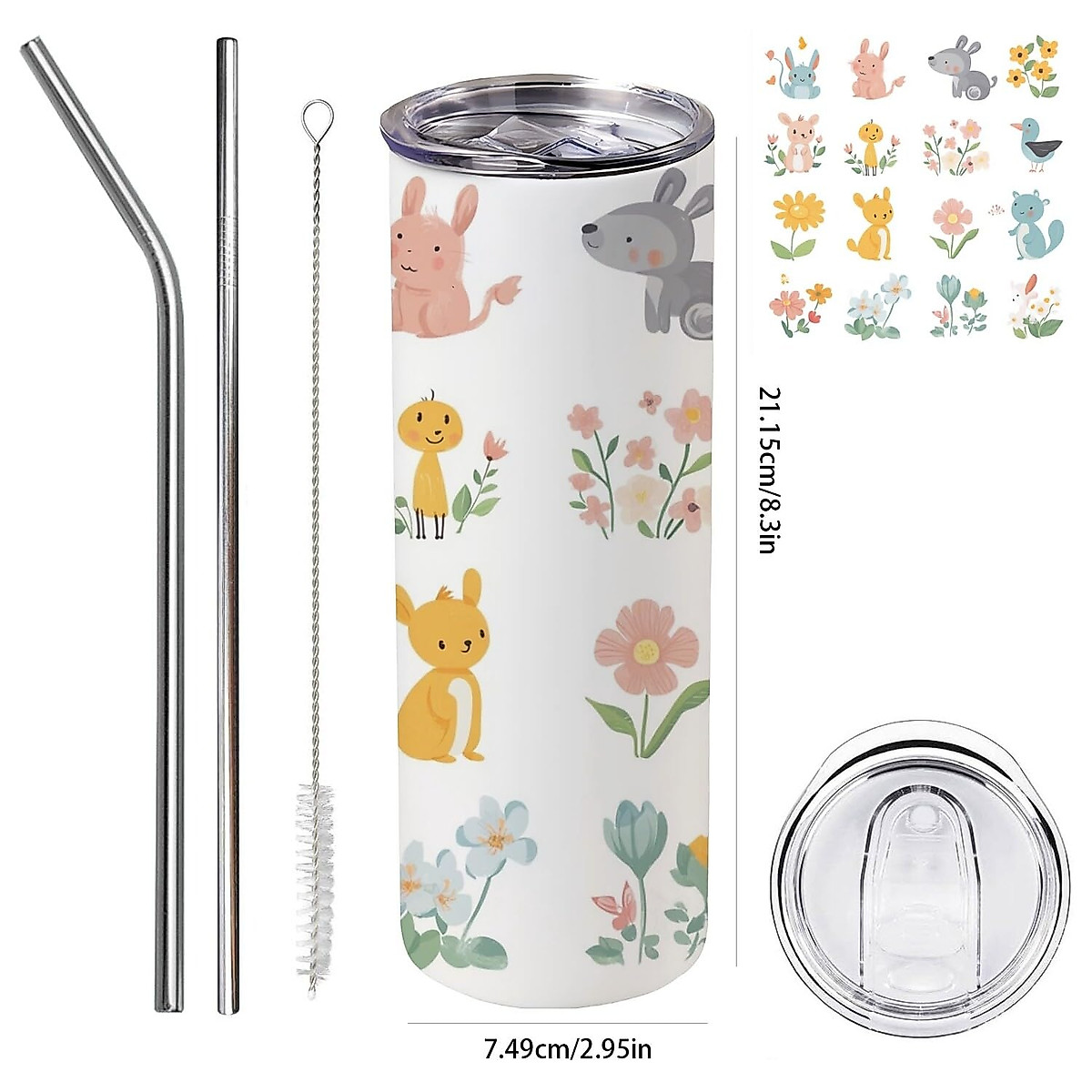 Tumbler with Lid and Straw Cute Cartoon Animals and Plants Thermos Coffee Travel Mug Cute Cups 20 oz Insulated Tumbler for Daily Holiday Decor Gift Coffee Cup