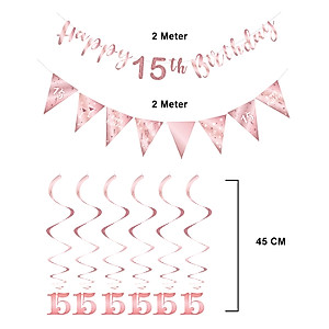 BRT Bearingshui 15th Birthday Decoration Kit for Girls, Happy 15th Birthday Banner Bunting Swirls Streamers, Triangle Flag Banner for Birthday Party Decorations Supplies Rose Gold 15th