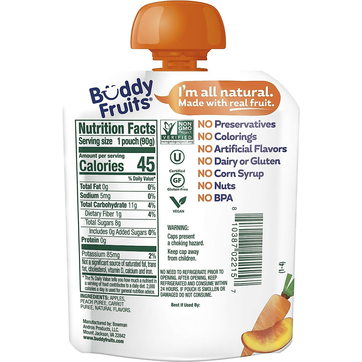 Buddy Fruits Pure Blended Fruit and Veggies Apple, Peach and Carrot Applesauce | 100% Real Fruits & Veggies | No Sugar, Non GMO, Vegan, No Preservatives, Certified Kosher | 3.2oz Pouch 18 Pack