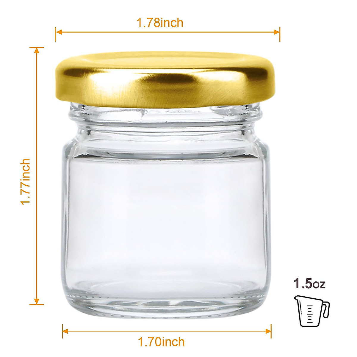Encheng 1.5oz Mini Glass Jars Bulk Set of 70,Round Small 45ml Honey Jars with Golden Lids,Clear Mini Storage Canning Jar for Candle Making,Spice,Jelly,Jam,Wedding,Party Favor