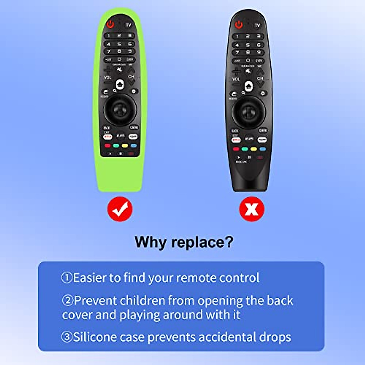 Rnnokate Universal Remote Control for LG Smart TV, Compatible with All Models for LG TV (Luminous Silicone Protective Case and 2 AA Batteries for AN-MR650A Remote Control (Universal with Green Shell)