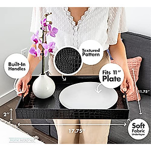 Home Redefined 18”x12” Rectangle Alligator Faux Leather Decorative Serving Tray with Handles, Black