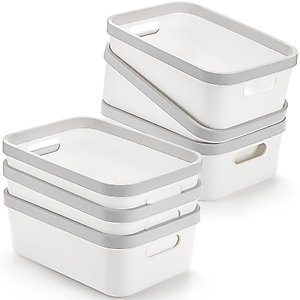 Elsjoy Set of 6 Plastic Storage Bin, 10"x 7"x 4" Classroom Storage Basket Cabinet Storage Bin with Handle, White Shelf Organizer Bins for Bathroom, Office, School