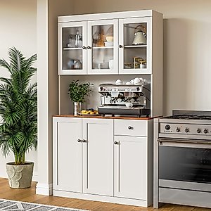 Cozy Castle Tall Kitchen Pantry Cabinet with Microwave Shelf, Modern Large Freestanding Sideboard Cupboard Kitchen Hutch Cabinet with Storage Countertop and Drawer for Dining Room, Living Room, White