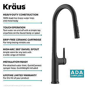 KRAUS Oletto Tall Modern Single-Handle Touch Kitchen Sink Faucet with Pull Down Sprayer in Matte Black, KTF-3101MB
