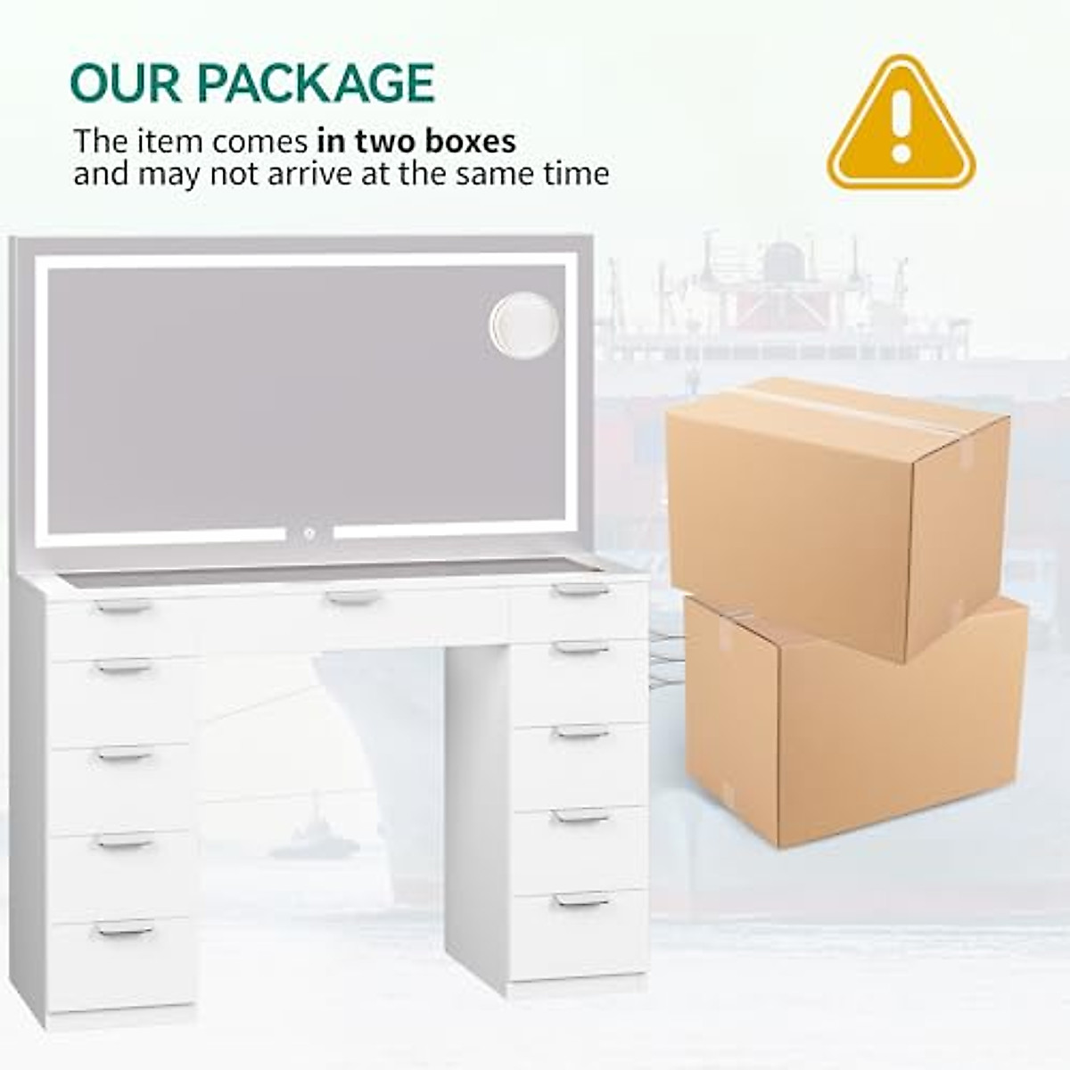 YITAHOME Vanity Desk Set with Large LED Lighted Mirror & Power Outlet, Glass Top Vanity with 11 Drawers and Magnifying Glass, 46'' Large Makeup Vanity with Storage Bench, White Vanity for Bedroom