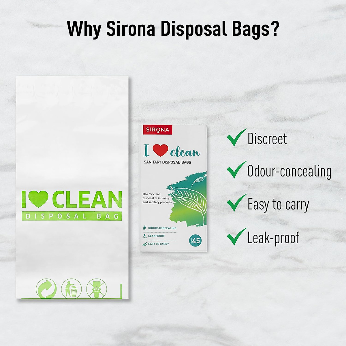 Sirona Sanitary Disposal Bags - 45 | Leakproof, Odor-Concealing Disposal for Tampons, Pads, Liners & More | Hygienic & Travel-Friendly (45 Pack)