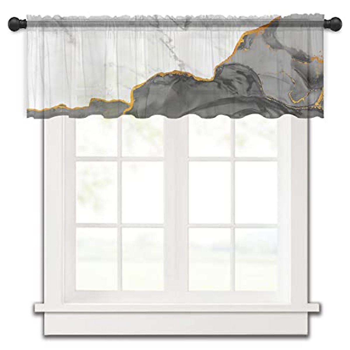 Chiffon Window Valance Kitchen Curtains Grey White Marble Crack,Rod Pocket Tier Curtain Light Filter Panel,Gold Foil Lines Abstract Art Windows Valances Drapes for Bedroom,Bathroom 54x18In