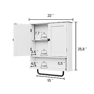 RRX Bathroom Cabinet Wall Mounted Medicine Cabinets with Towels Bar, Over The Toilet Storage Cabinet with 2 Doors and Adjustable Shelf, White Wall Cabinet for Bathroom Laundry Kitchen