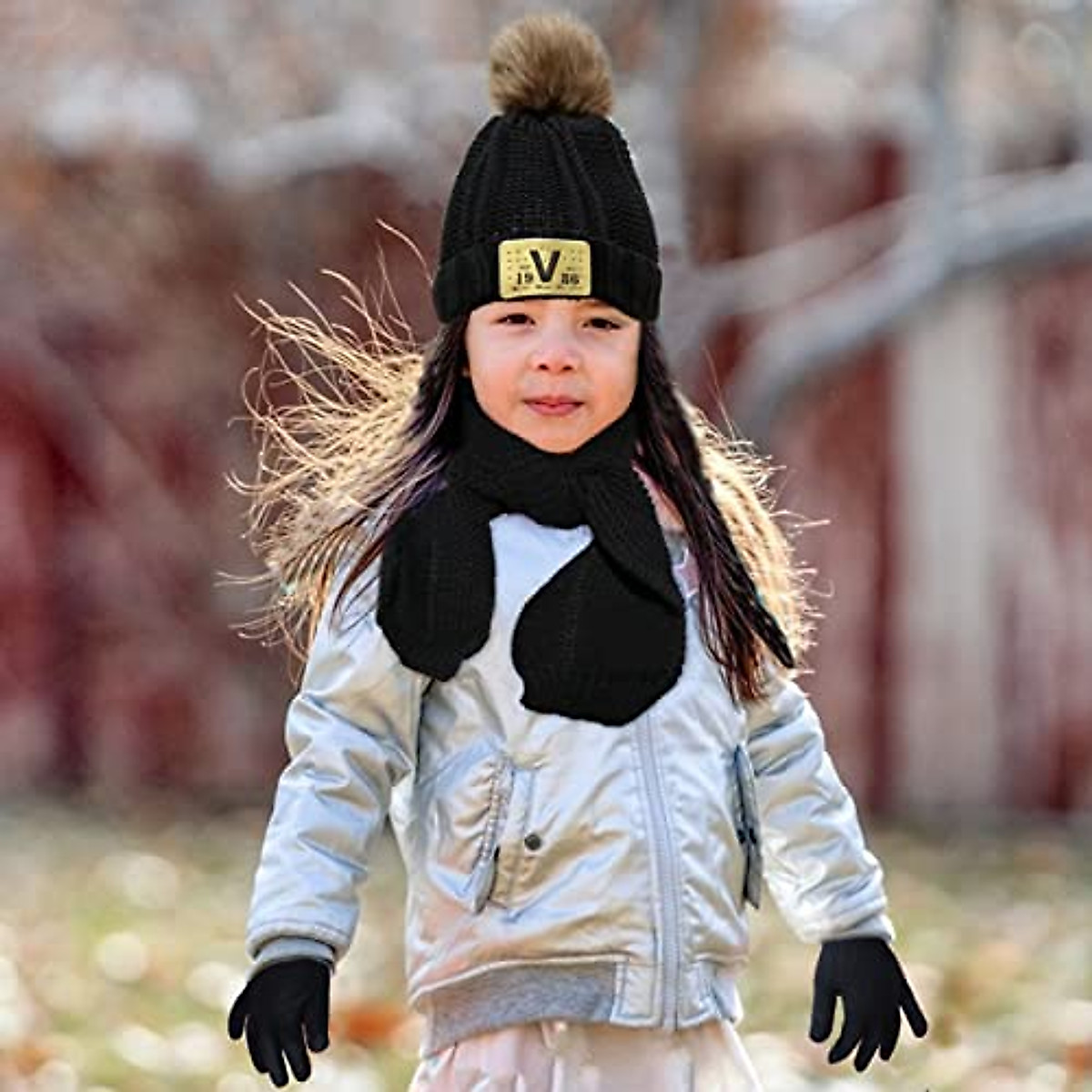 Kids Knit Hat/Scarf/Gloves Set,Winter Warm Set with Beanie and Long Scarf (Black)