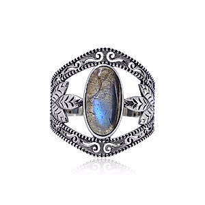 Silver Eternity 6x12 mm Labradorite Designer Ring Gemstone Jewelry (7)