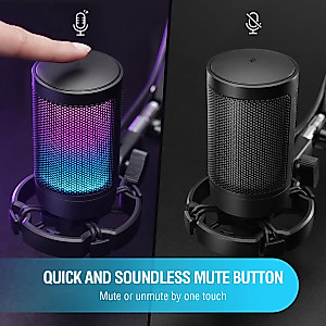 FIFINE Gaming USB Condenser Microphone with Pop Filter Bundle, Quick Mute, RGB Indicator, Tripod Stand, Shock Mount, Gain Control for Streaming YouTube Videos(A6V+U1)