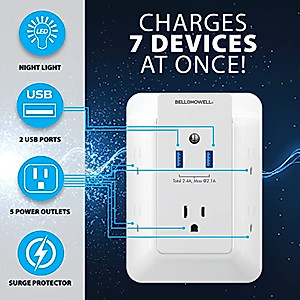 Bell+Howell Wall Power 7908 Surge Protector with Night Light (Automatic) and Device Holder, 5 Outlets 2 USB Ports Electrical Extender, White, 5.5" As Seen On TV