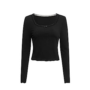 SOLY HUX Women's Y2K Long Sleeve Tops Scoop Neck Ribbed Knit Lace Trim T Shirts Slim Fitted Tees Pure Black S