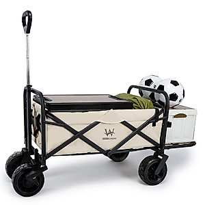 WHITSUNDAY Collapsible Folding Garden Outdoor Park Utility Wagon Picnic Camping Cart with 8“ Bearing Fat Wheel and Brake (Standard Size(Plus+) 8" Wheels with Tailgate (Beige)