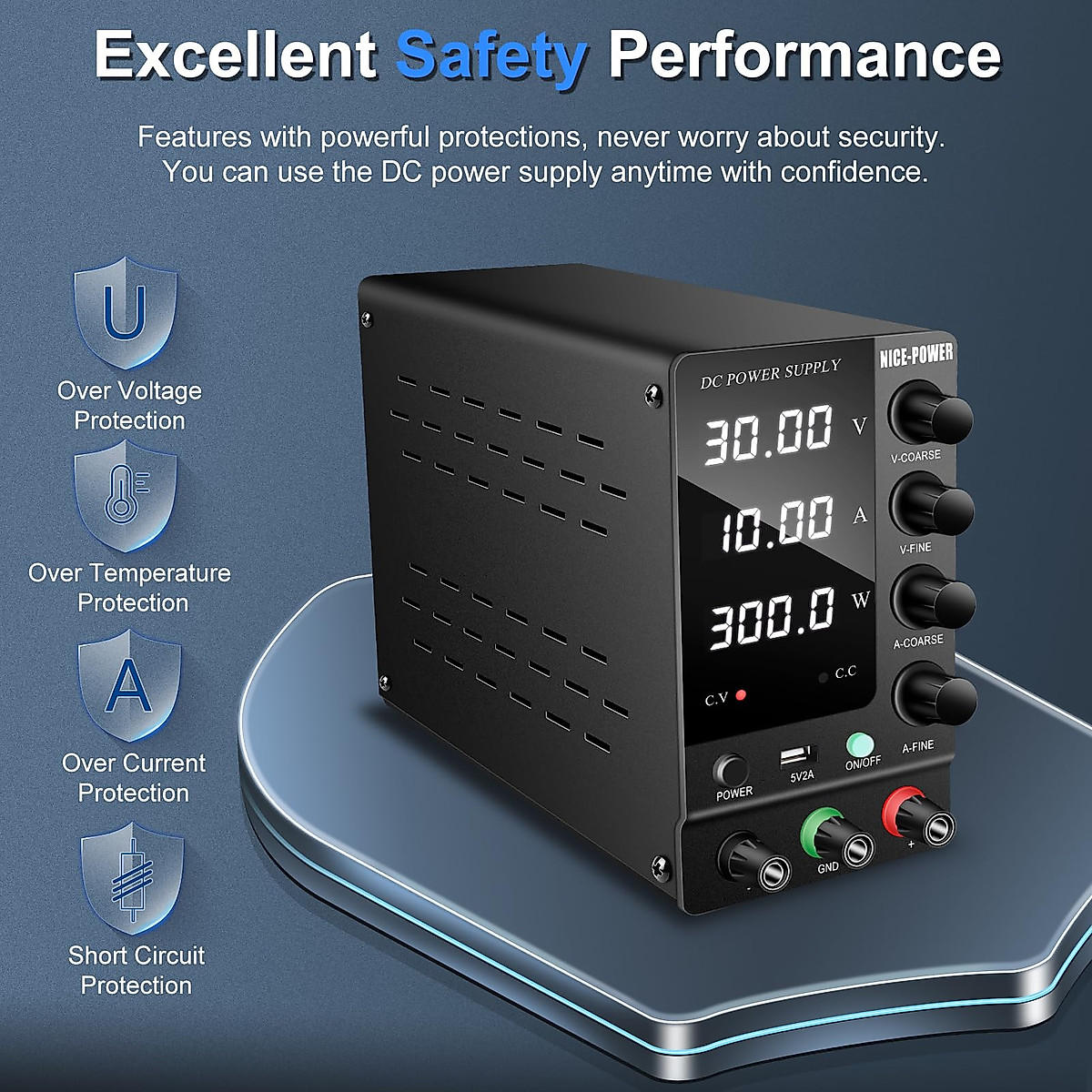 NICE-POWER DC Power Supply Variable 30V 10A, Adjustable Switching Regulated DC Bench Power Supply with Output Switch High Precision 4-Digit LED Display, Benchtop Lab Power Supplies with 5V/2A USB Port