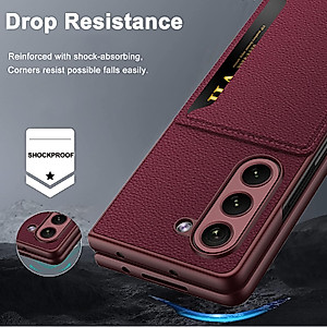 NINKI Compatible Samsung Galaxy Z Fold 5 Case with Card Holder & Kickstand,Wine Red Shockproof Leather Storage Cases Wallet Credit Card Slot Cover Phone Case for Samsung Galaxy Z Fold 5 5G Case Women