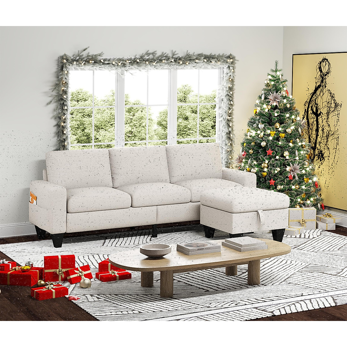 Yattem Convertible Sectional Sofa Couch：Modern L-Shaped Sofa Couches with Reversible Storage Ottoman & Side Storage Pockets - 3-Seat Beige Linen Sofa Couch for Living Room/Apartment/Studio/Small Space