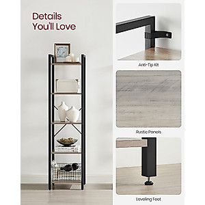 VASAGLE 5-Tier Bookshelf, Bookcase with Steel Frame, Book Shelf for Living Room, Home Office, Study, 11.8 x 15.7 x 60.2 Inches, Industrial Style, Heather Greige and Ink Black ULLS100B02