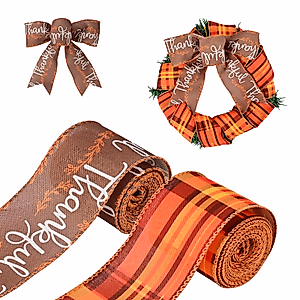 Fall Wired Ribbon,2 Rolls Thanksgiving Pumpkin Ribbon,10 Yards 2.5In Autumn Pumpkins Wired Edge Ribbon,DIY Wired Wrapping Craft Ribbon for Home Thanksgiving Decor Wrapping DIY Crafts (Thanks-Lattice)