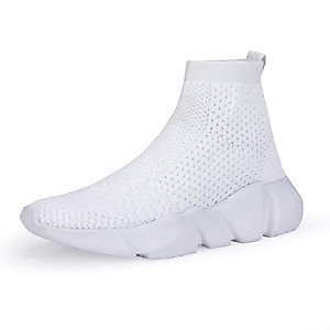 YAVY Girls Sneakers White Walking Shoes Boys High Top Sneakers Breathable Kids Tennis Shoes Lightweight Walking Shoes Slip On Knit Sock Sneakers for Girls Tennis Shoes Size 4.5 White 054-36