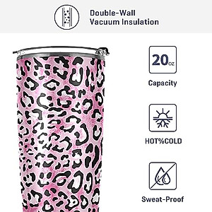 Jihqo Pink Leopard Tumbler with Lid and Straw, Insulated Stainless Steel Tumbler Cup, Double Walled Travel Coffee Mug Thermal Vacuum Cups for Hot & Cold Drinks 12oz