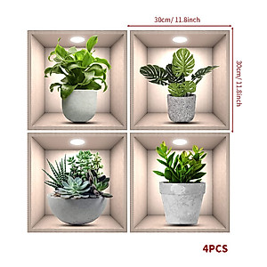 iMagitek 4 Pack 3D Green Plants Wall Stickers Botanical Plants Wall Decals for Bedroom Living Room Kitchen