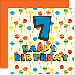 7th Birthday Card Unisex - Lollipop Sweets Candy - Happy Birthday Card 7 Year Old Son Daughter Brother Sister Grandson Granddaughter Niece Nephew Cousin, 5.7 x 5.7 Inch Seventh Bday Greeting Card