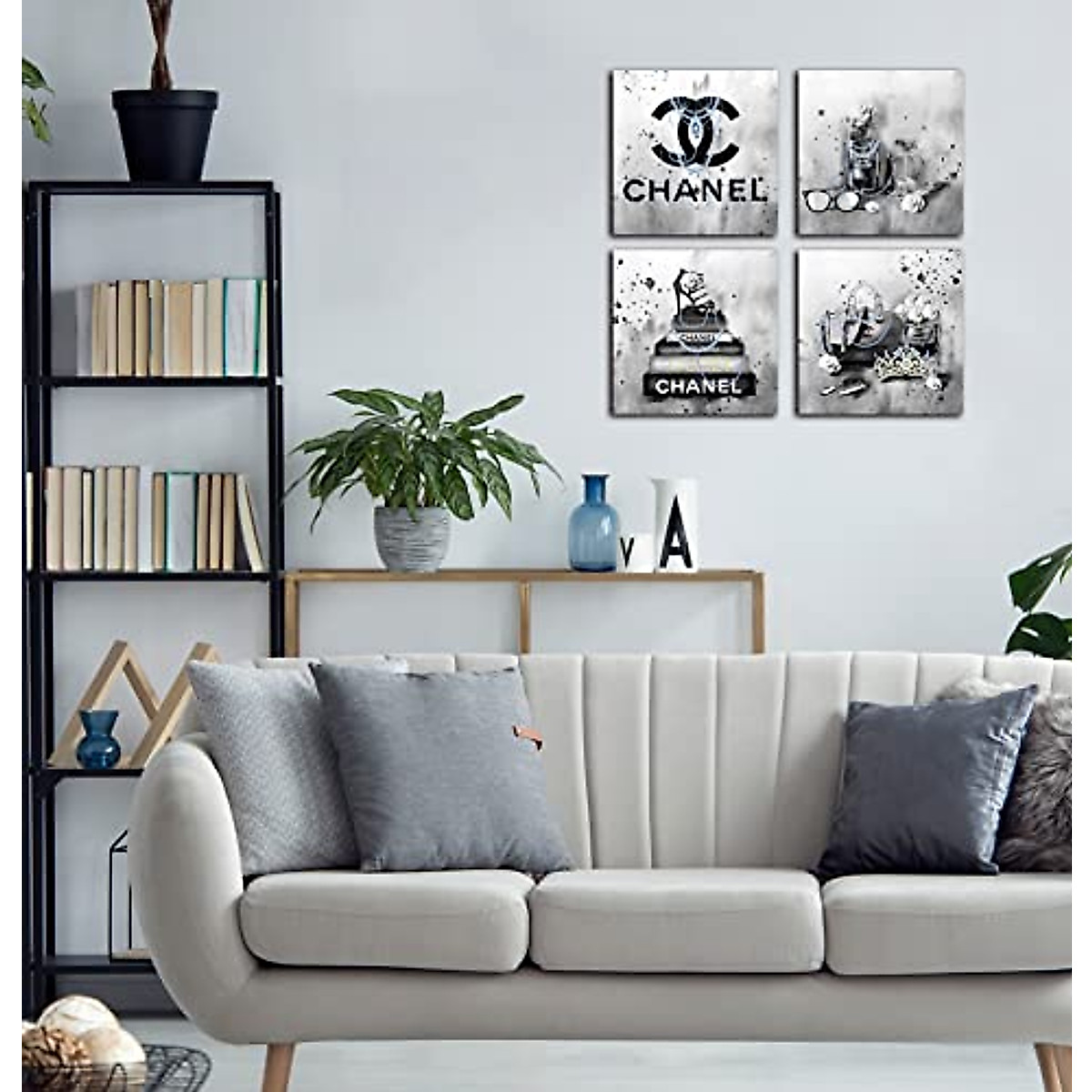 Meetdeceny Fashion Wall-Art For Bedroom Women - Black And White Bathroom Decor Wall Art - Fashion Book Stack Grey Painting Canvas Artwork Size 10"x10" 4 Pieces Ready To Hang